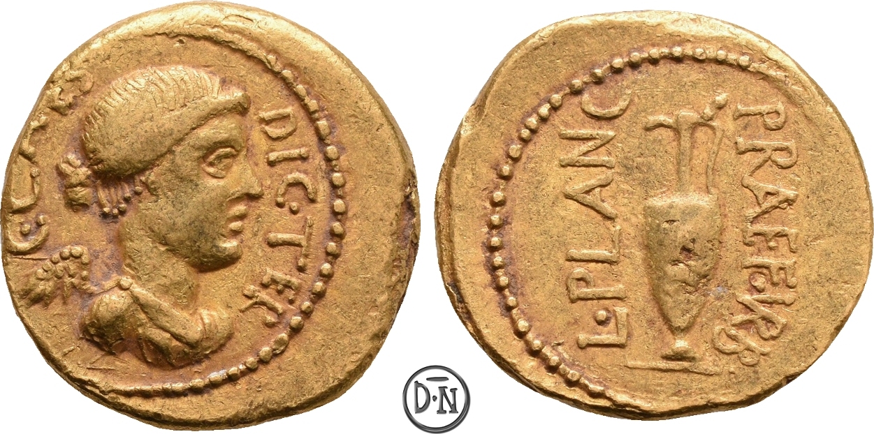 C. Julius Caesar (+ 44 v. Chr.) Aureus 46-45 v. Chr. Roma, L. Munatius ...