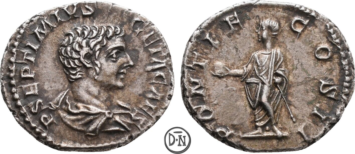 Geta Caesar (198-209) Denar 209 n. Chr. Roma, Büste / Prinz mit Globus ...