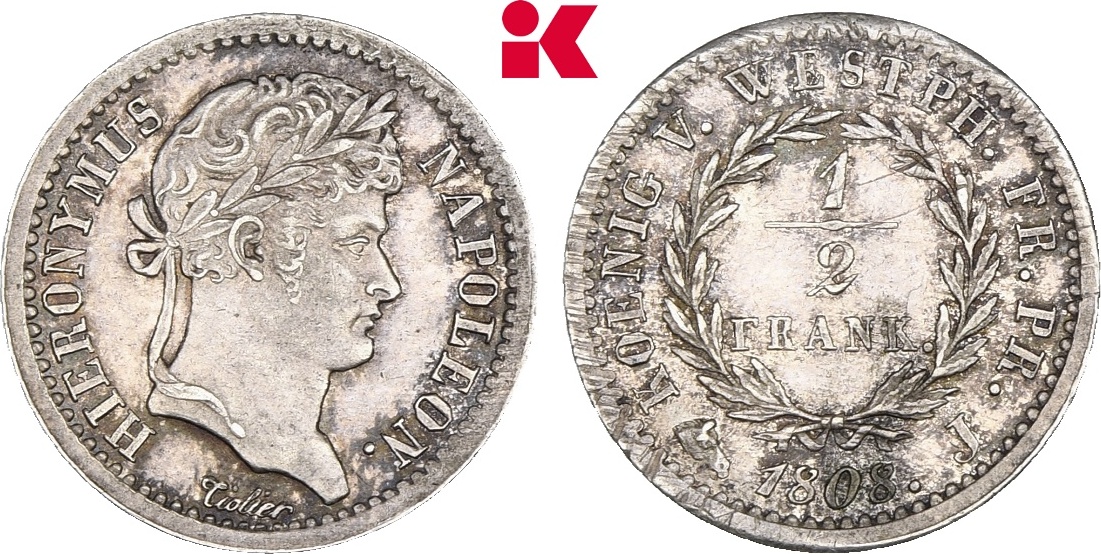 WESTPHALEN 1/2 Franken 1808 J. R Hieronymus Napoleon, 1807-1813. UNC ...