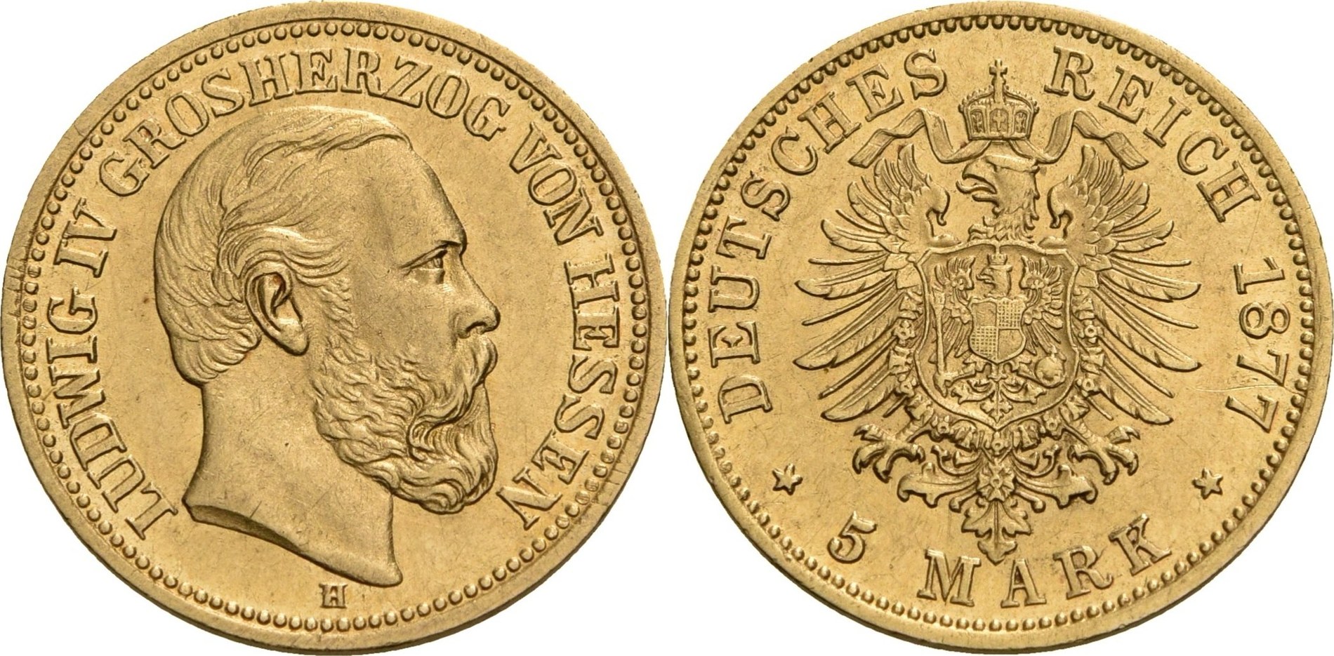 Hessen 5 Mark H, Darmstadt 1877 Ludwig IV., 1877-1892 aEF, winz. Kratzer | MA-Shops