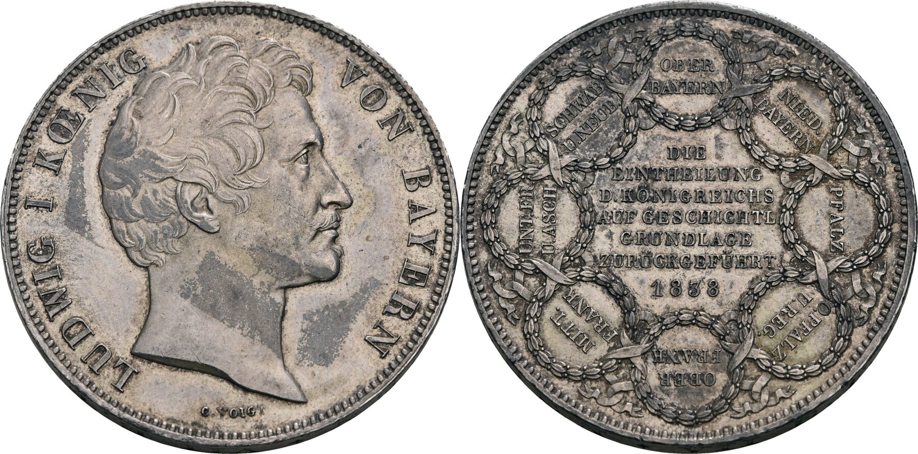 Bayern Geschichtsdoppeltaler 1838, München Ludwig I., 1825-1848, auf die Einteilung des ...