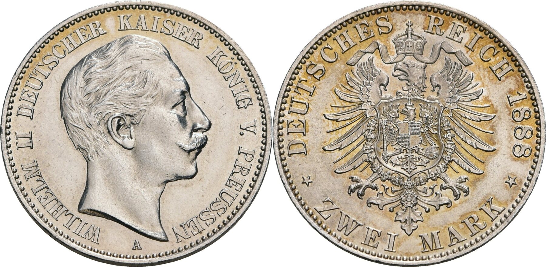 Preußen 2 Mark A, Berlin 1888 Wilhelm II., 1888-1918 EF / AU, Vs. min. berieben, min. Kratzer, l ...