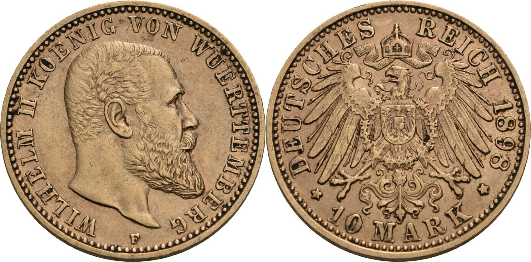 Württemberg 10 Mark F, Stuttgart 1898 Wilhelm II., 1891-1918 VF | MA-Shops