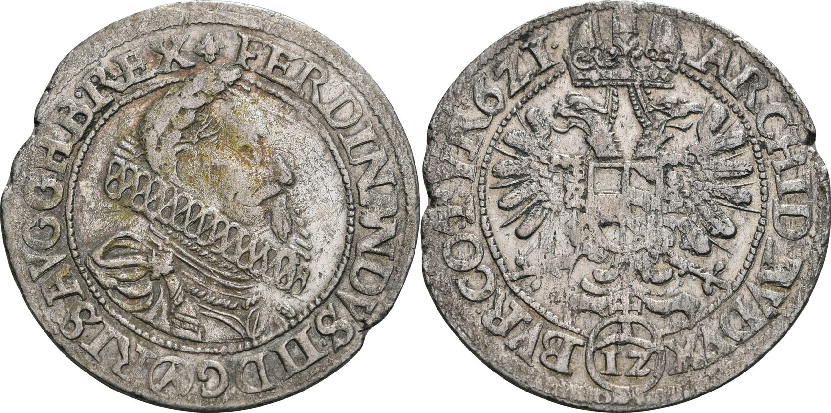 Habsburg Kipper-12 Kreuzer, Wien 1621 Ferdinand II., 1592-1618-1637 VF ...