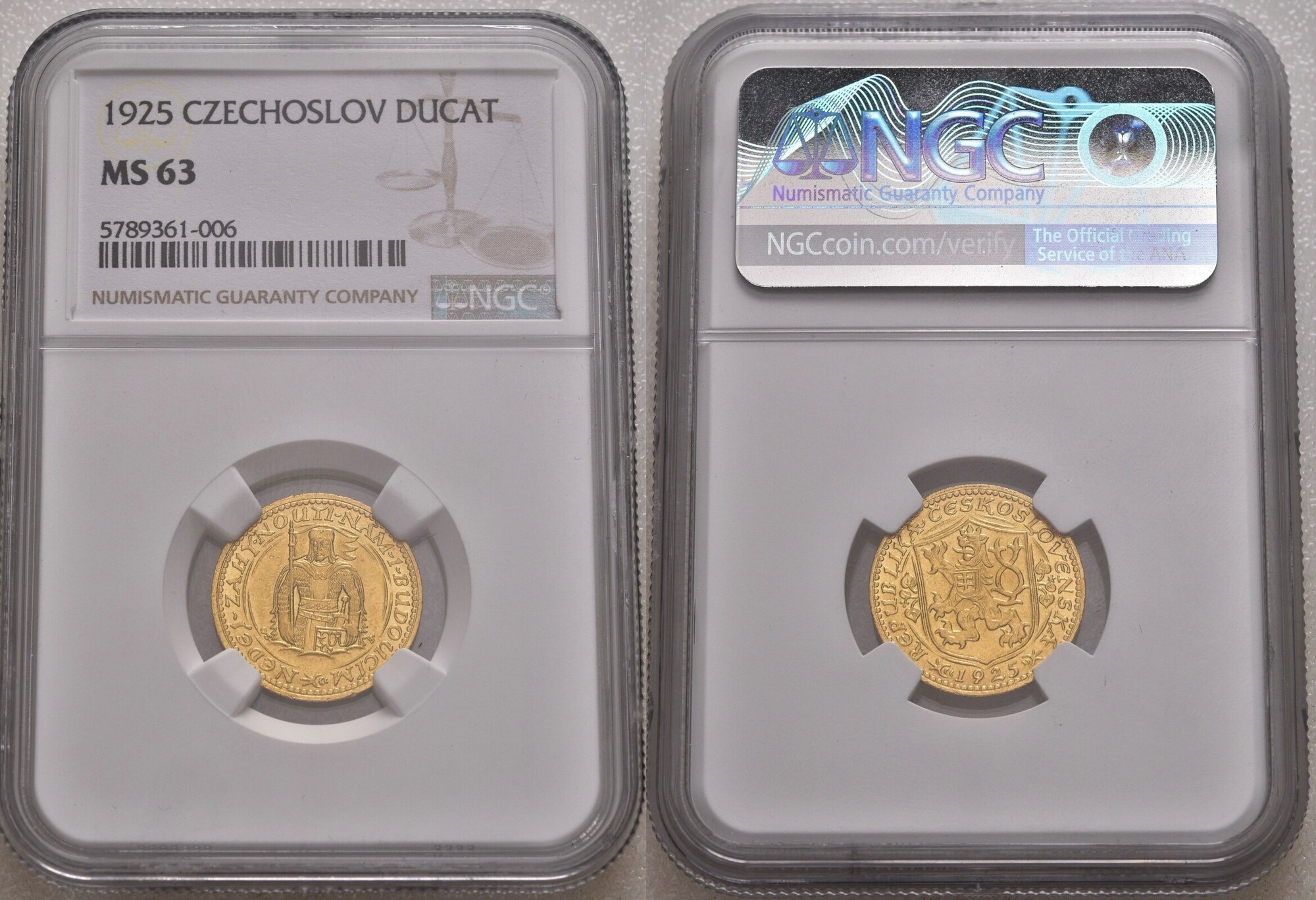 Tschechoslowakei Dukat, Kremnitz 1925 Republik vz-St., winz. Druckstellen, im NGC-Slab MS63 | MA ...