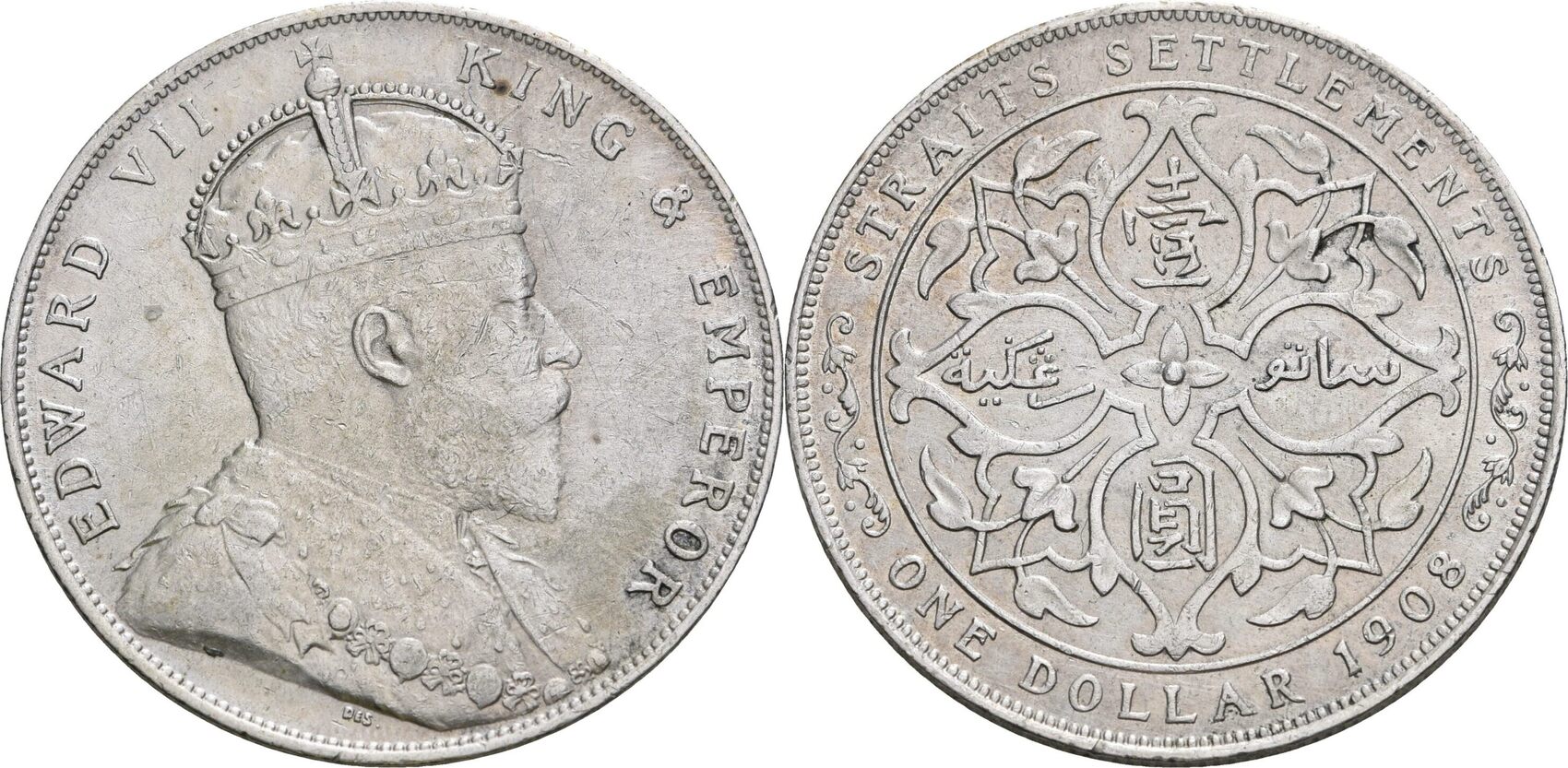 Straits Settlements Dollar 1908 Edward VII., 1901-1910 VF / VF+ | MA-Shops