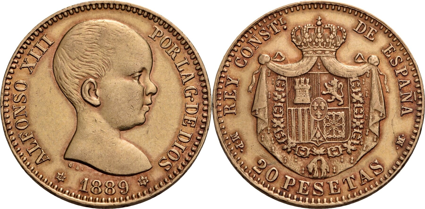 Spanien 20 Pesetas, Madrid 1889 (1889) Alfonso XIII., 1886-1931 VF l ...