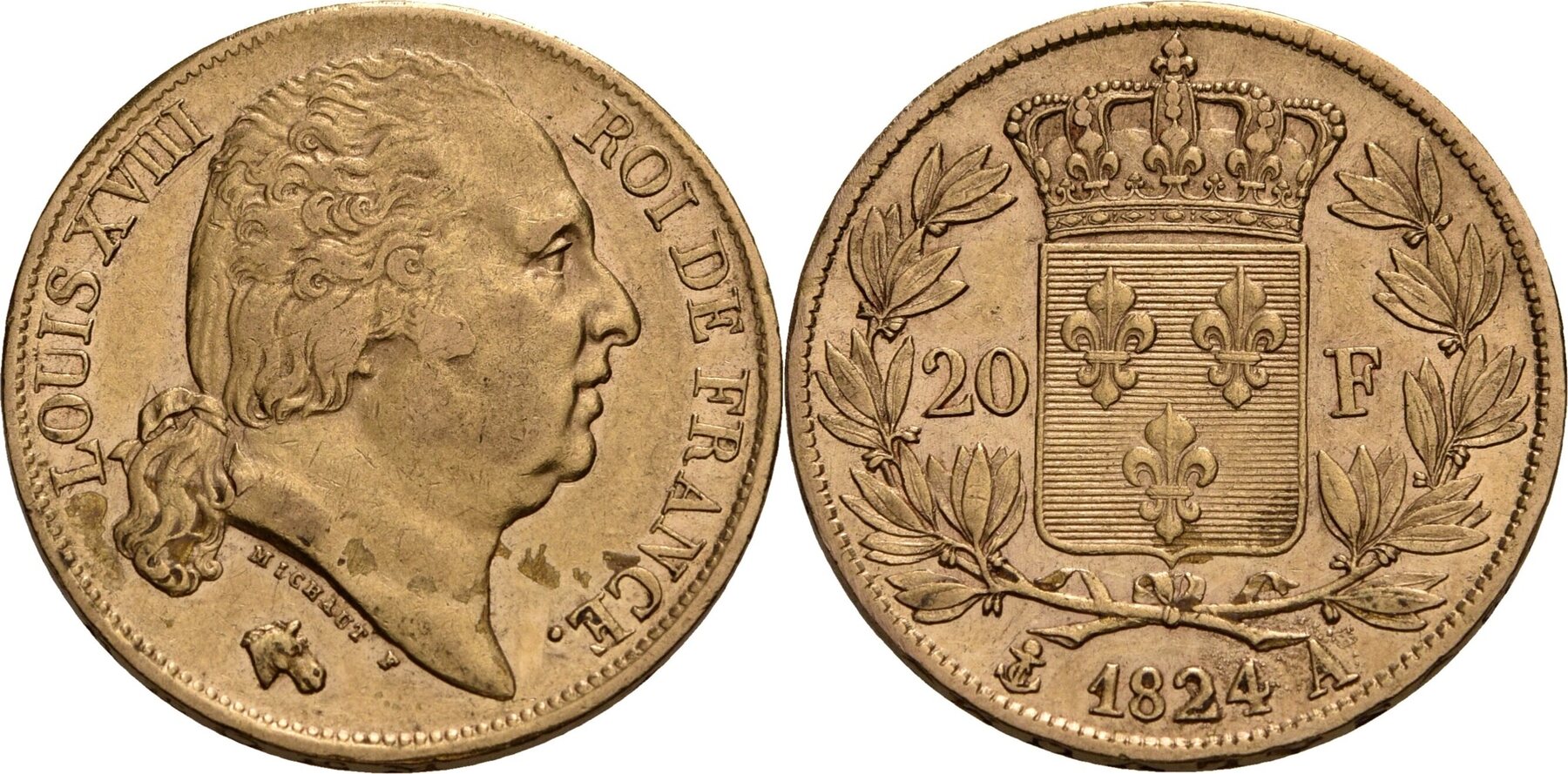 Frankreich 20 Francs A, Paris 1824 Louis XVIII., 1814, 1815-1824 VF winz. Kratzer | MA-Shops