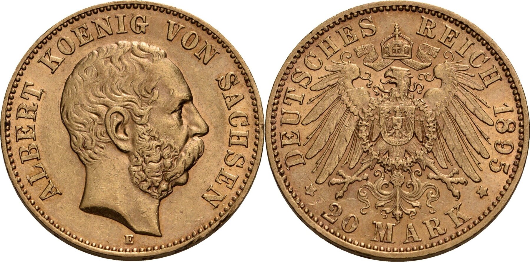 Sachsen 20 Mark E, Muldenhütten 1895 Albert, 1873-1902 VF+ / aEF, min ...