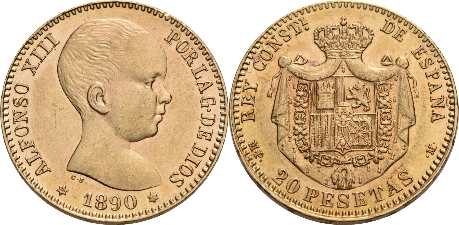 Spanien 20 Pesetas, Madrid 1890 (18909 Alfonso XIII., 1886-1931 aEF ...