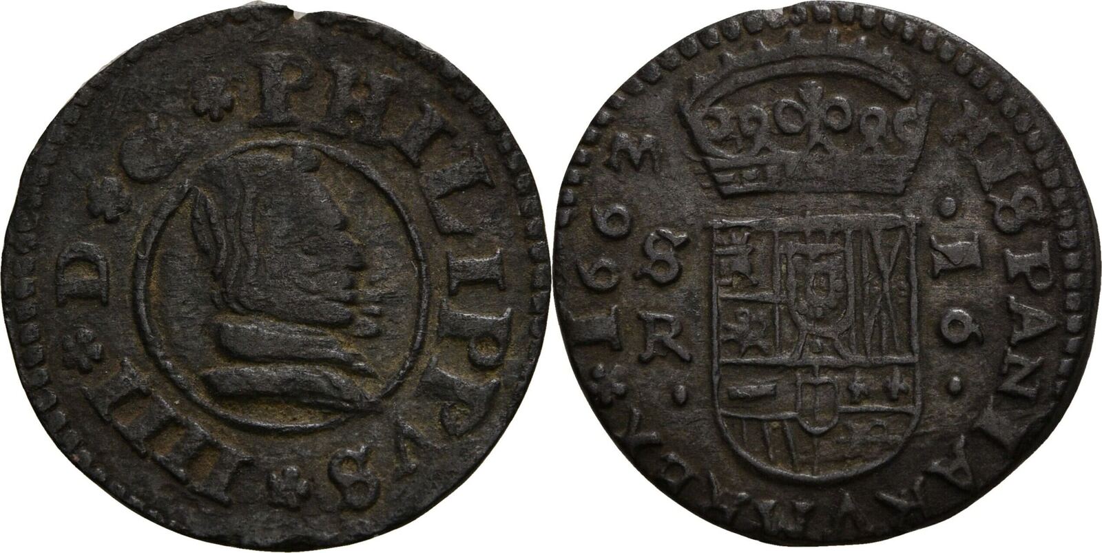 Spanien Kupfer-16 Maravedis SR, Sevilla 1663 Felipe IV., 1621-1665 VF | MA-Shops