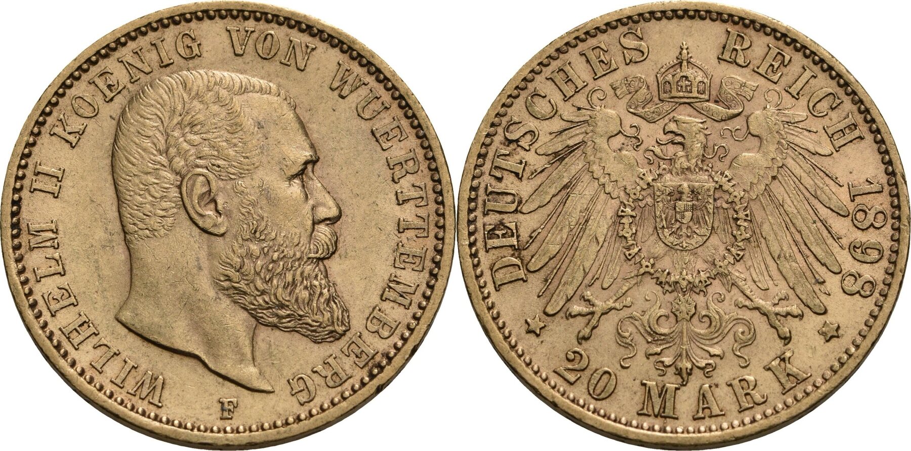 Württemberg 20 Mark F, Stuttgart 1898 Wilhelm II., 1891-1918 VF | MA-Shops