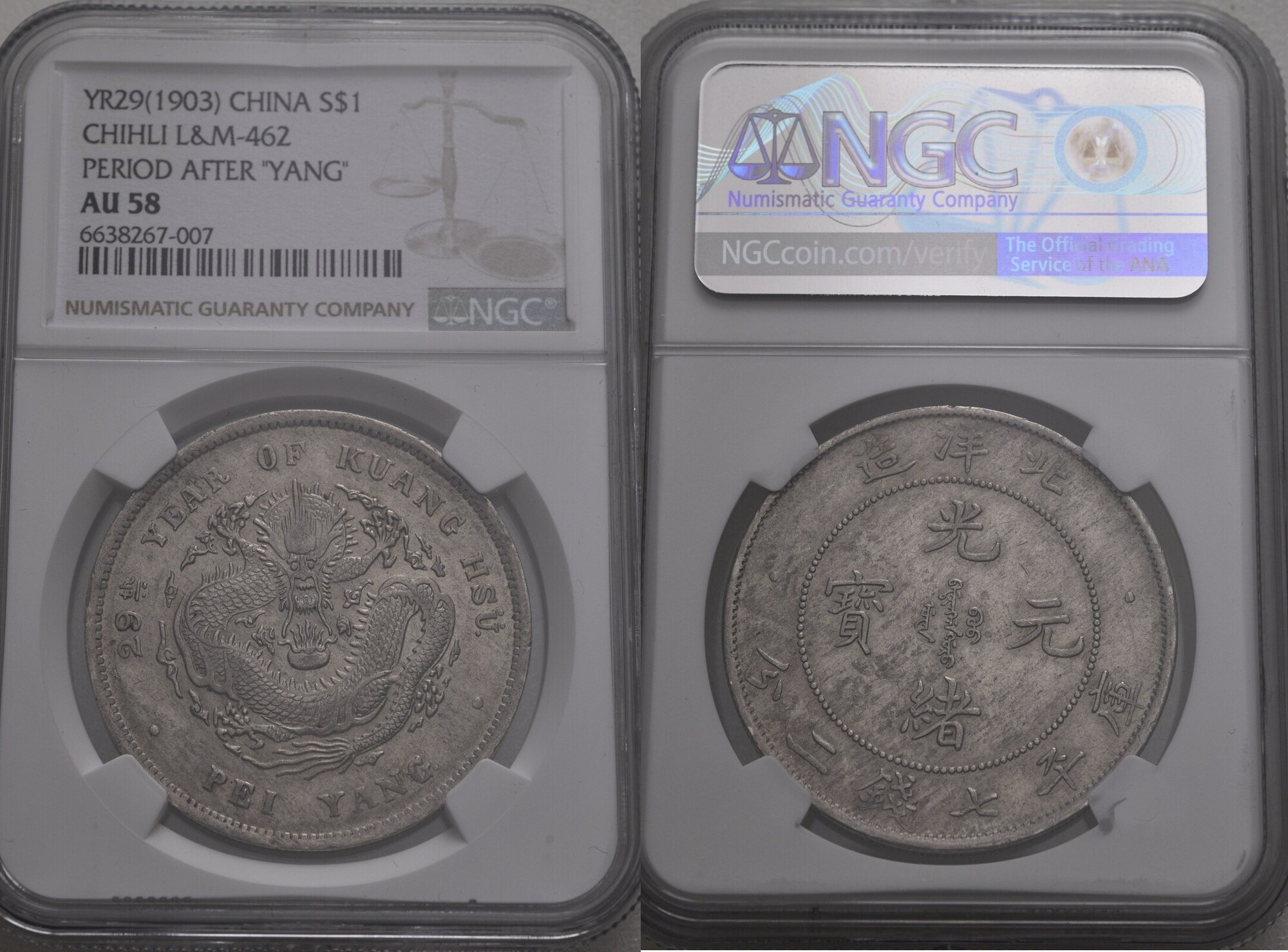 China, Provinz Chihli Dollar, Tientsin Year 29 (1903) Variante mit Punkt nach Yang im NGC-Slab ...