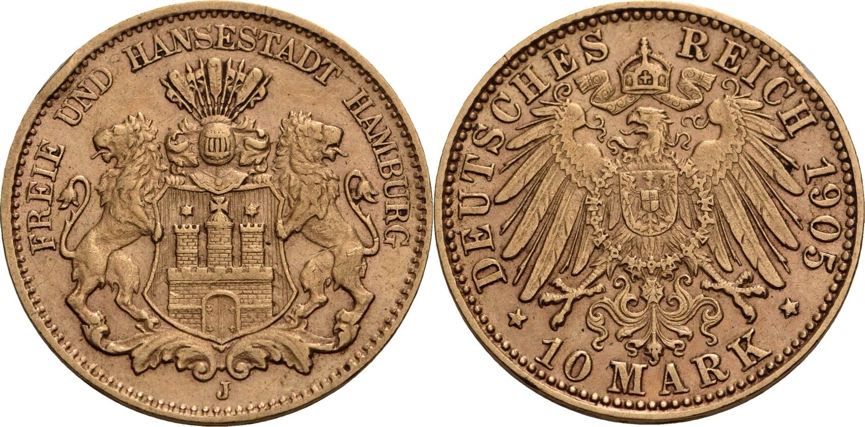 Hamburg 10 Mark J, Hamburg 1905 Stadt VF Schrötlingsfehler am Rand | MA-Shops