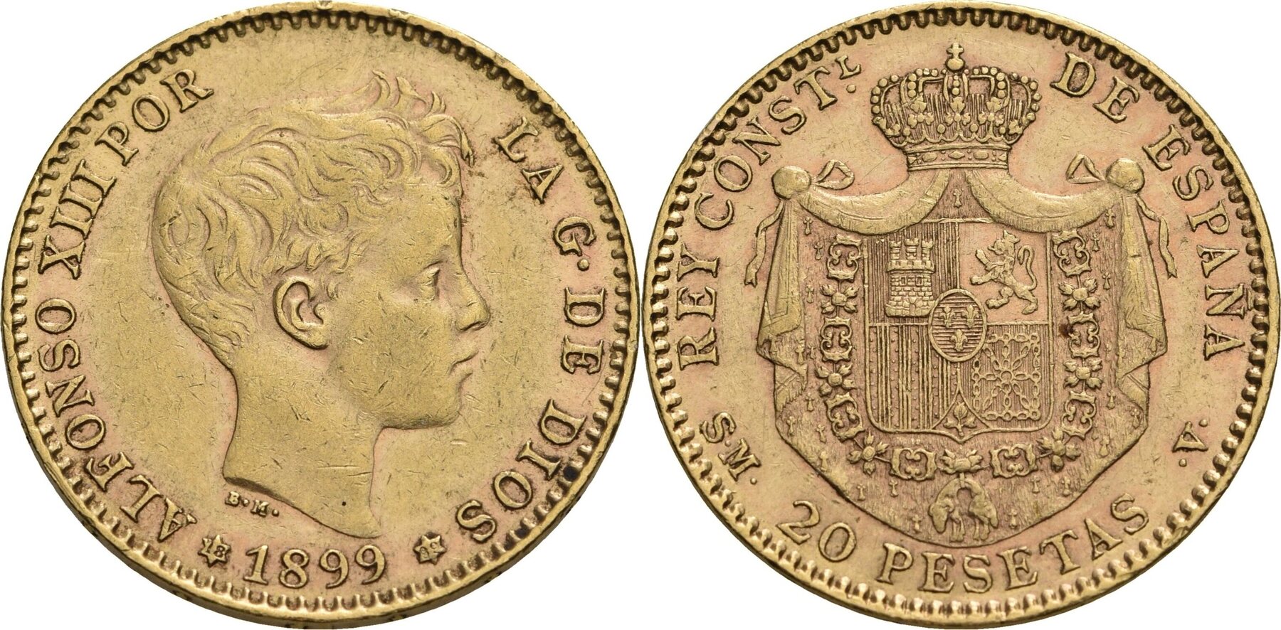 Spanien 20 Pesetas SM-V, Madrid 1899 (1899) Alfonso XIII., 1886-1931 VF ...