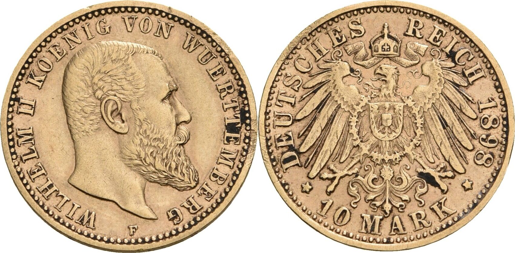 Württemberg 10 Mark F, Stuttgart 1898 Wilhelm II., 1891-1918 VF leicht ...