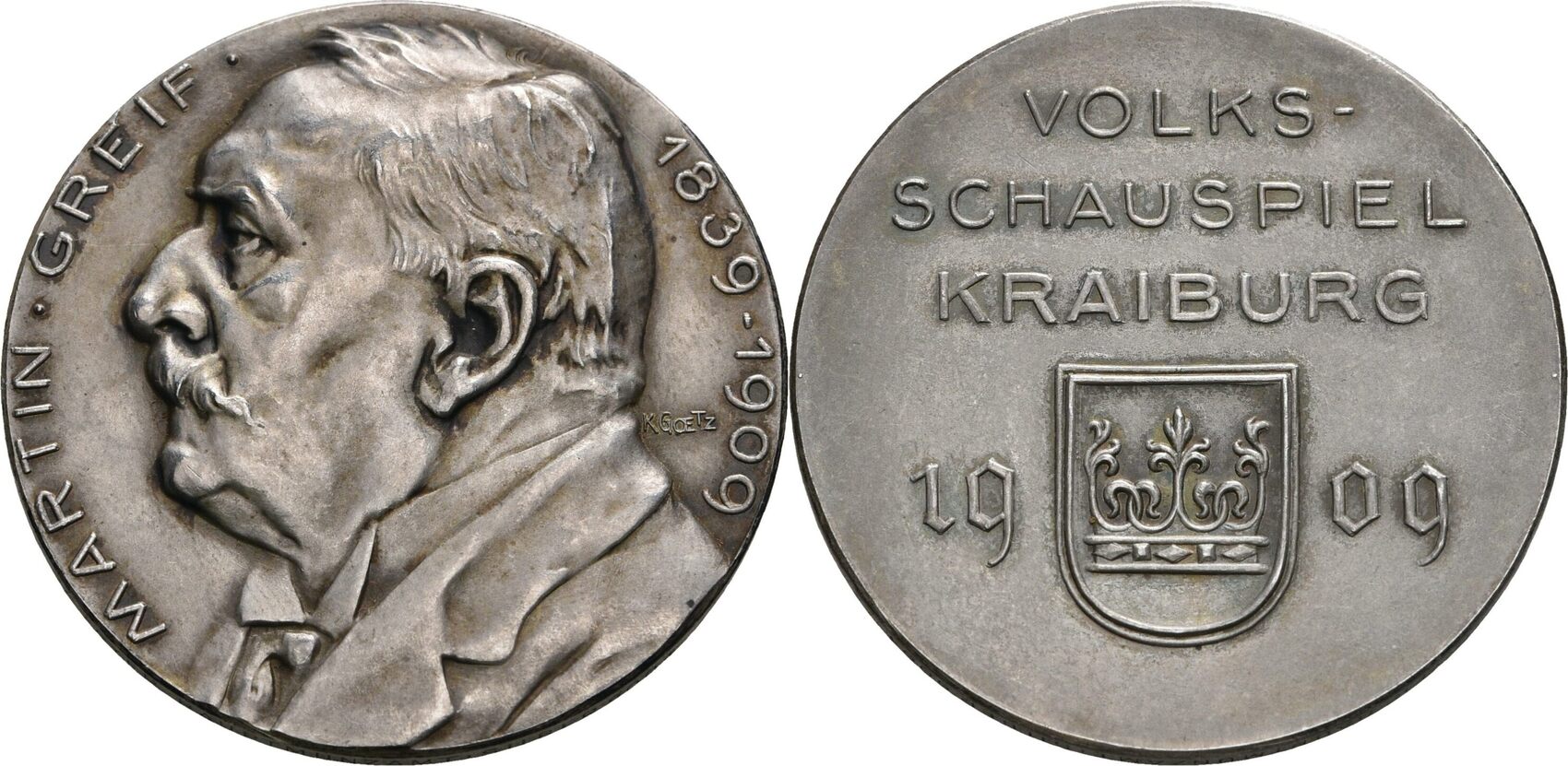 Karl Goetz Silbermedaille 1909 auf das Volksschauspiel in Kraiburg und den Münchner Dichter ...