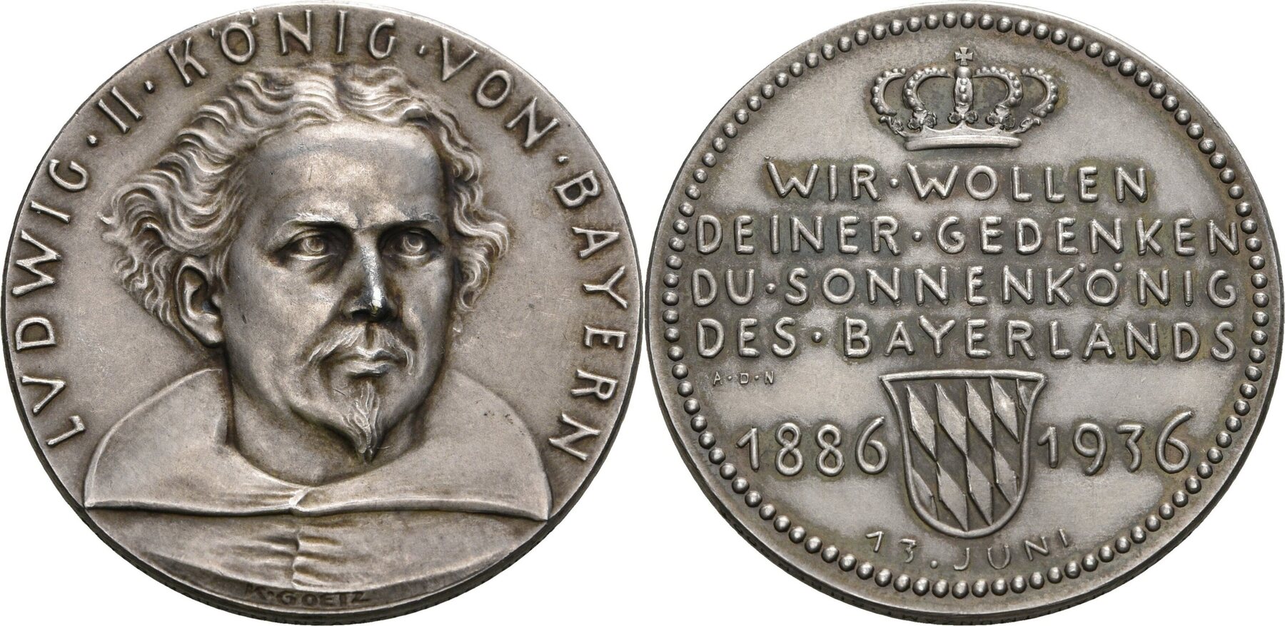 Karl Goetz Silbermedaille 1936 auf den 50. Todestag von König Luwdwig II. CH UNC., mattiert | MA ...