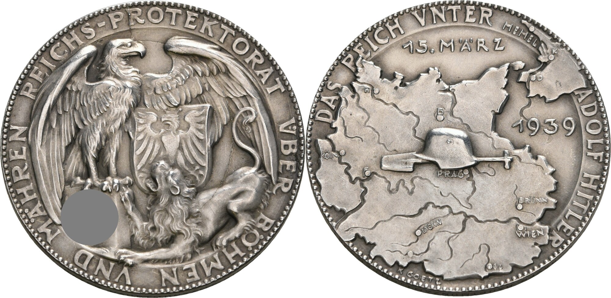 Karl Goetz Silbermedaille 1939 auf das Reichsprotektorat über Böhmen und Mähren CH UNC ...