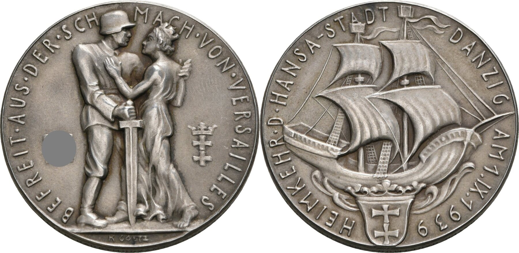 Karl Goetz Silbermedaille 1939 auf die Wiedereingliederung Danzigs in das Deutsche Reich CH UNC ...