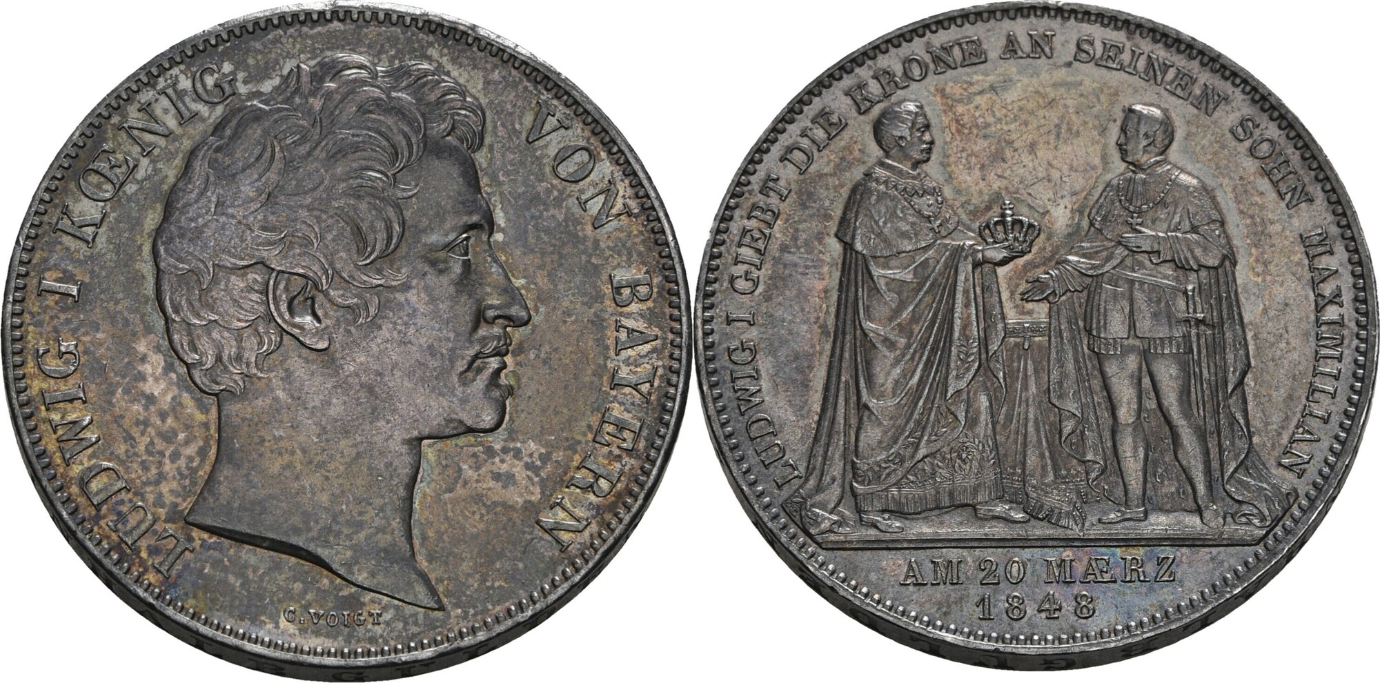 Bayern Geschichtsdoppeltaler 1848 Ludwig I., 1825-1848, Übergabe der Krone VF+ / aEF, v ...