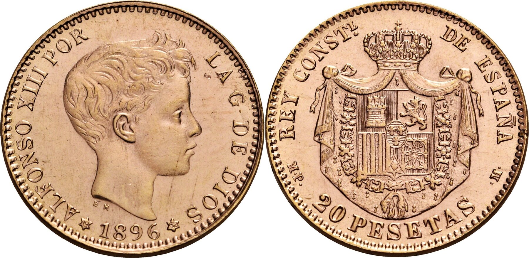 Spanien 20 Pesetas MP-M, Madrid, offizielle Neuprägung 1896 (1962 ...