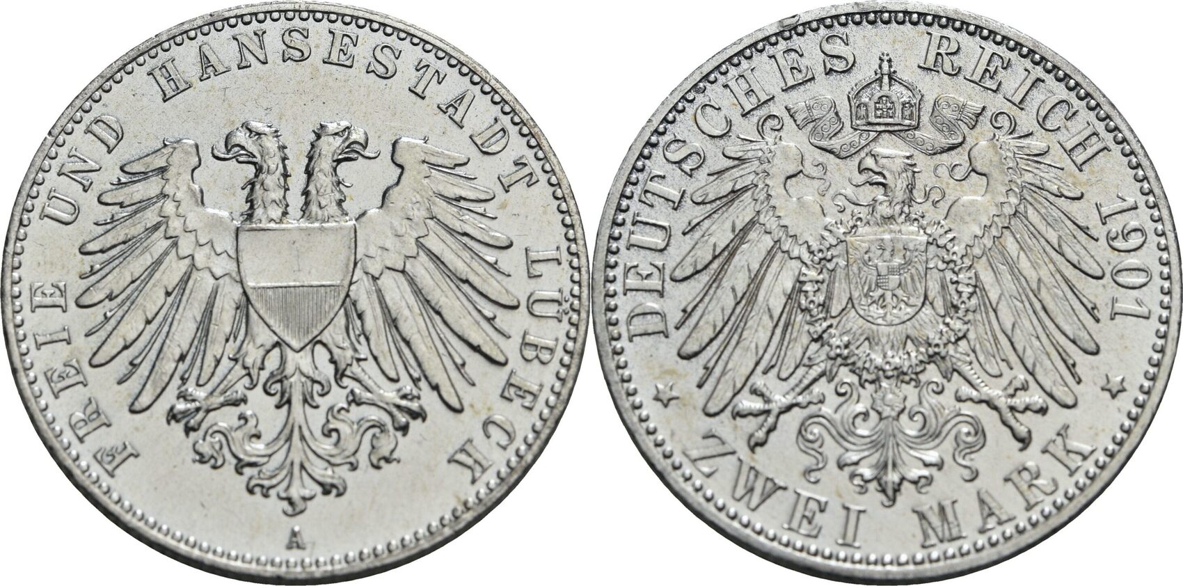 Lübeck 2 Mark A, Berlin 1901 Freie und Hansestadt EF berieben, min ...