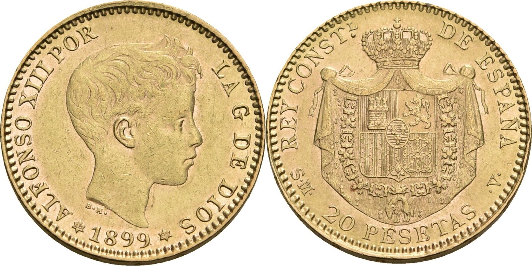 Spanien 20 Pesetas SM-V, Madrid 1899 Alfonso XIII., 1886-1931 VF-EF ...