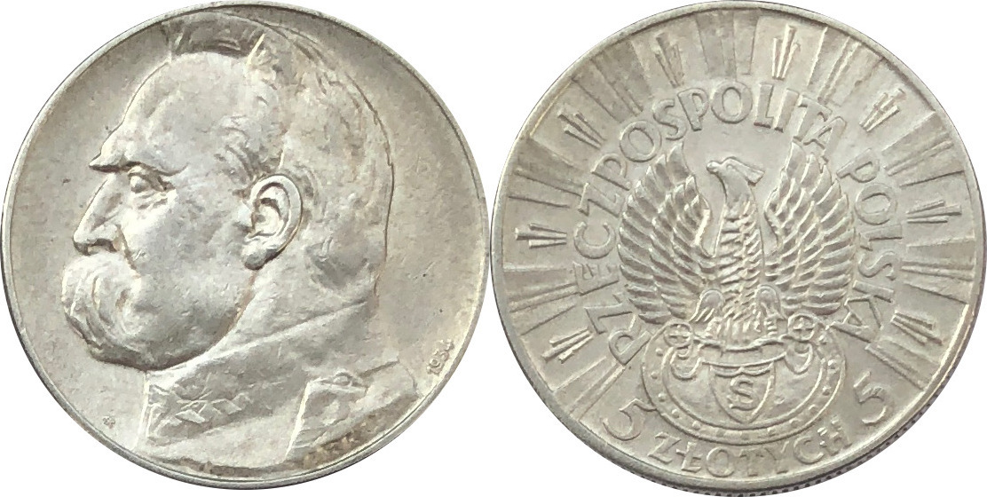 Polen 5 Zlotych 1934 Jozef Pilsudski EF,winz.Rdf. | MA-Shops