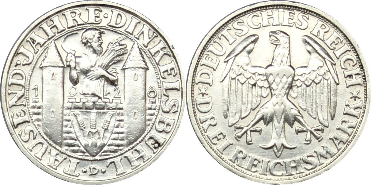 Weimarer Republik 3 Mark 1928 D Dinkelsbühl EF,kl.Rdf. | MA-Shops