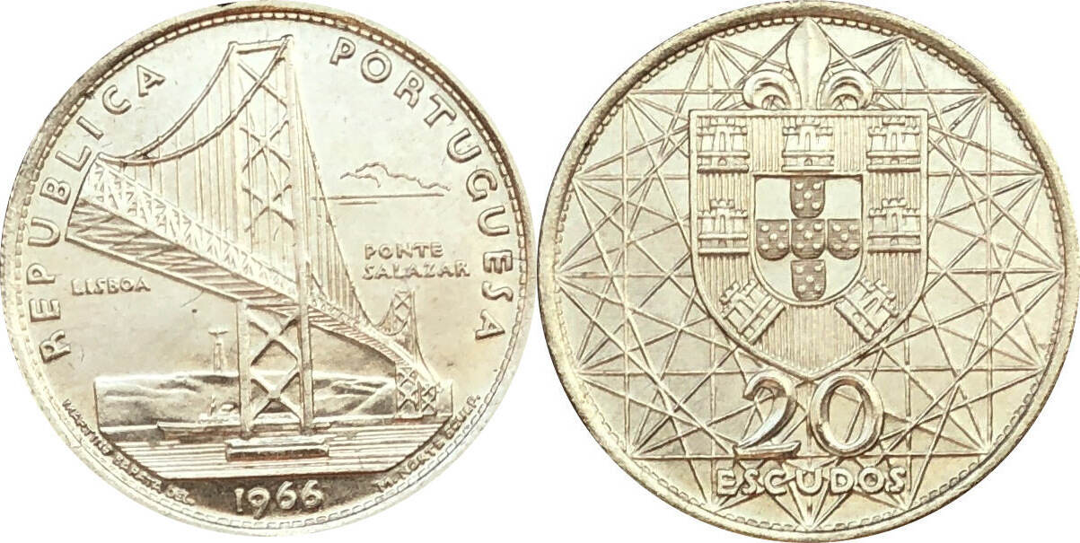 Portugal 20 Escudos 1966 Salazar Brücke Lissabon UNC- | MA-Shops