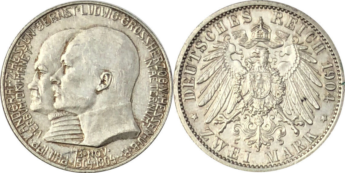 Hessen 2 Mark 1904 Landgraf Philipp der Großmütige VF-EF,kl.Rdf. | MA-Shops