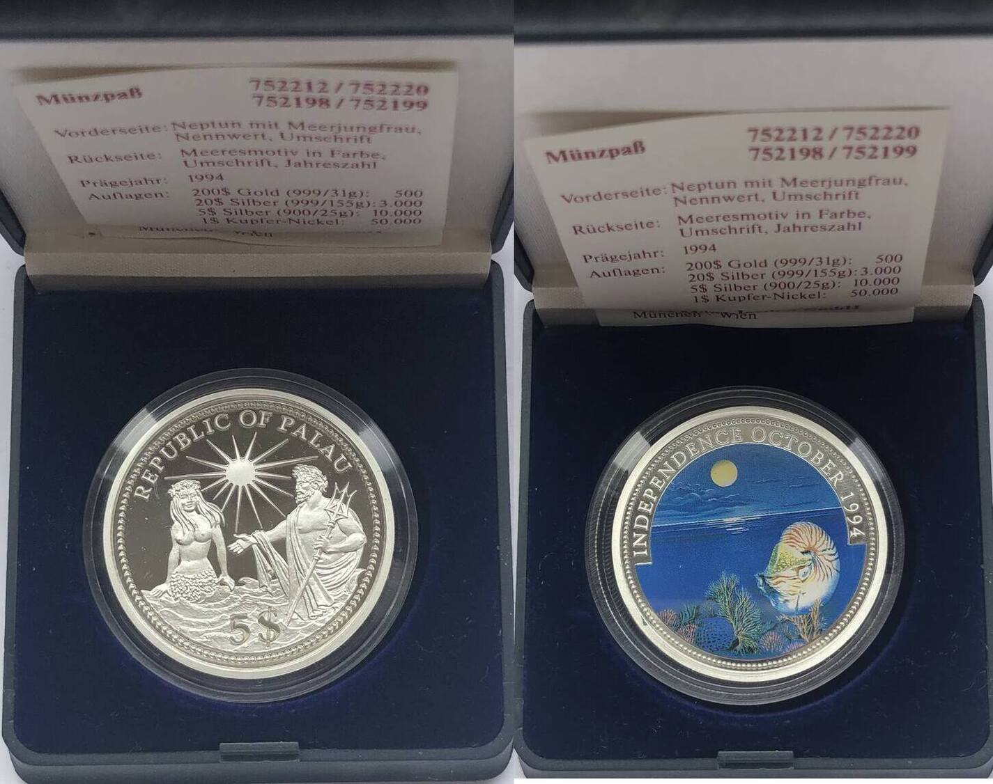 Palau Inseln 5 Dollar 1994 Neptun mit Meerjungrau in Farbe Proof in Farbe | MA-Shops