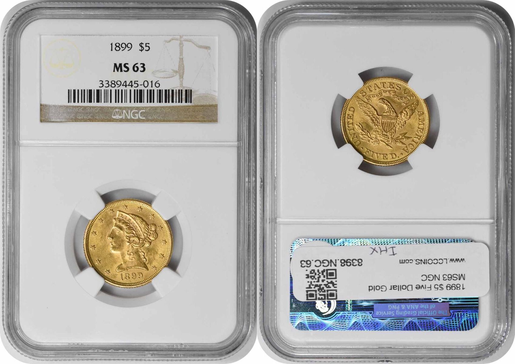 US Five Dollar 1899 No Mint Mark 1899 5 Gold Liberty Head MS63 NGC