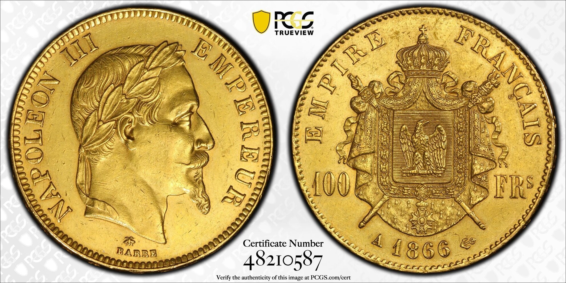 France 100 Francs 1866 Napoléon III or Tête laurée Paris PCGS AU55 Superbe très rare | MA-Shops