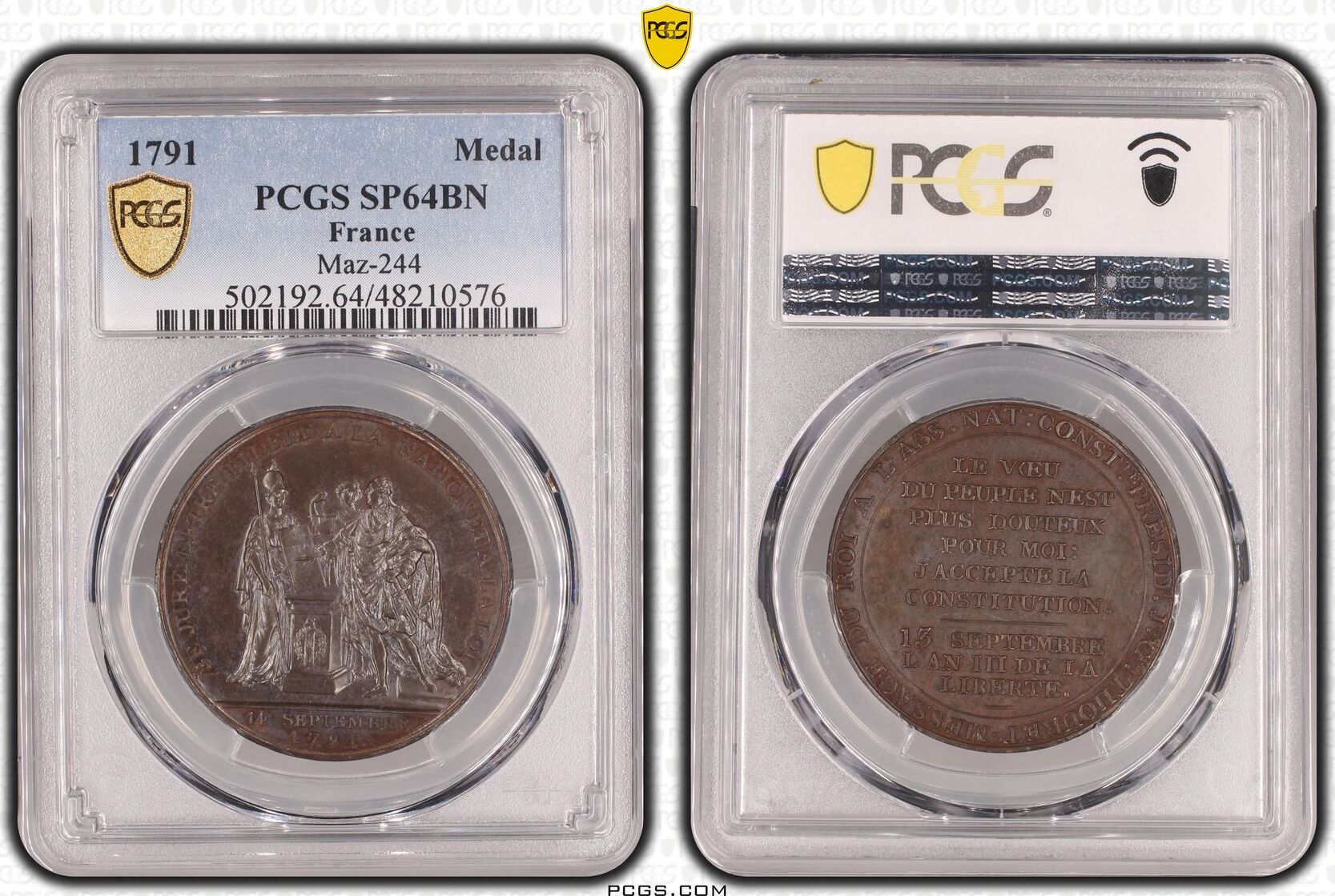 France 1791 Monneron du Serment du roi Paris Flan bruni PCGS SP64 Fleur ...