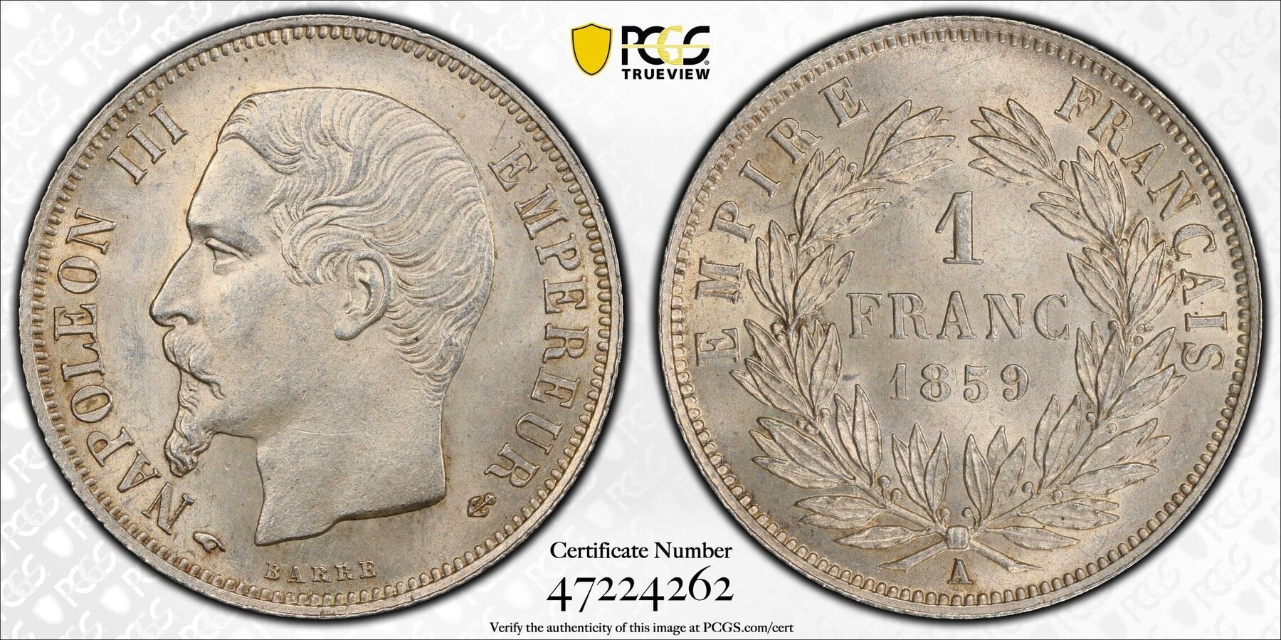 France 1 Franc 1859 Napoléon III Paris Splendide à FDC PCGS MS64 | MA-Shops