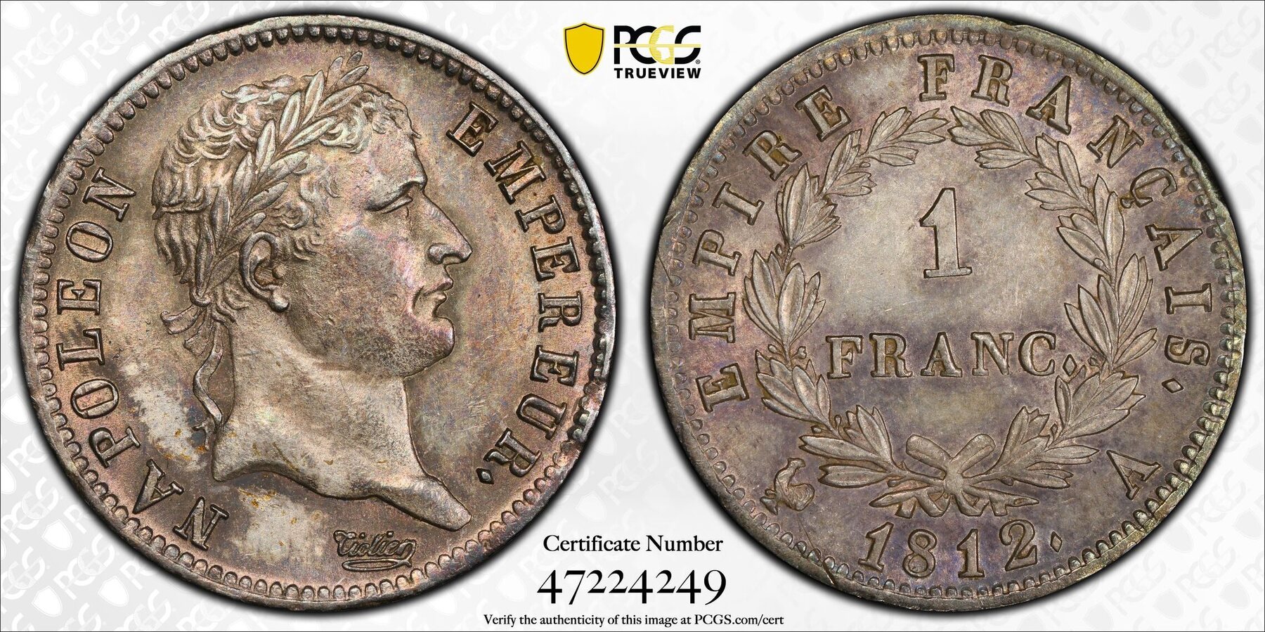 France 1 Franc 1812 Napoléon Empereur Paris Splendide PCGS MS62 rare ...