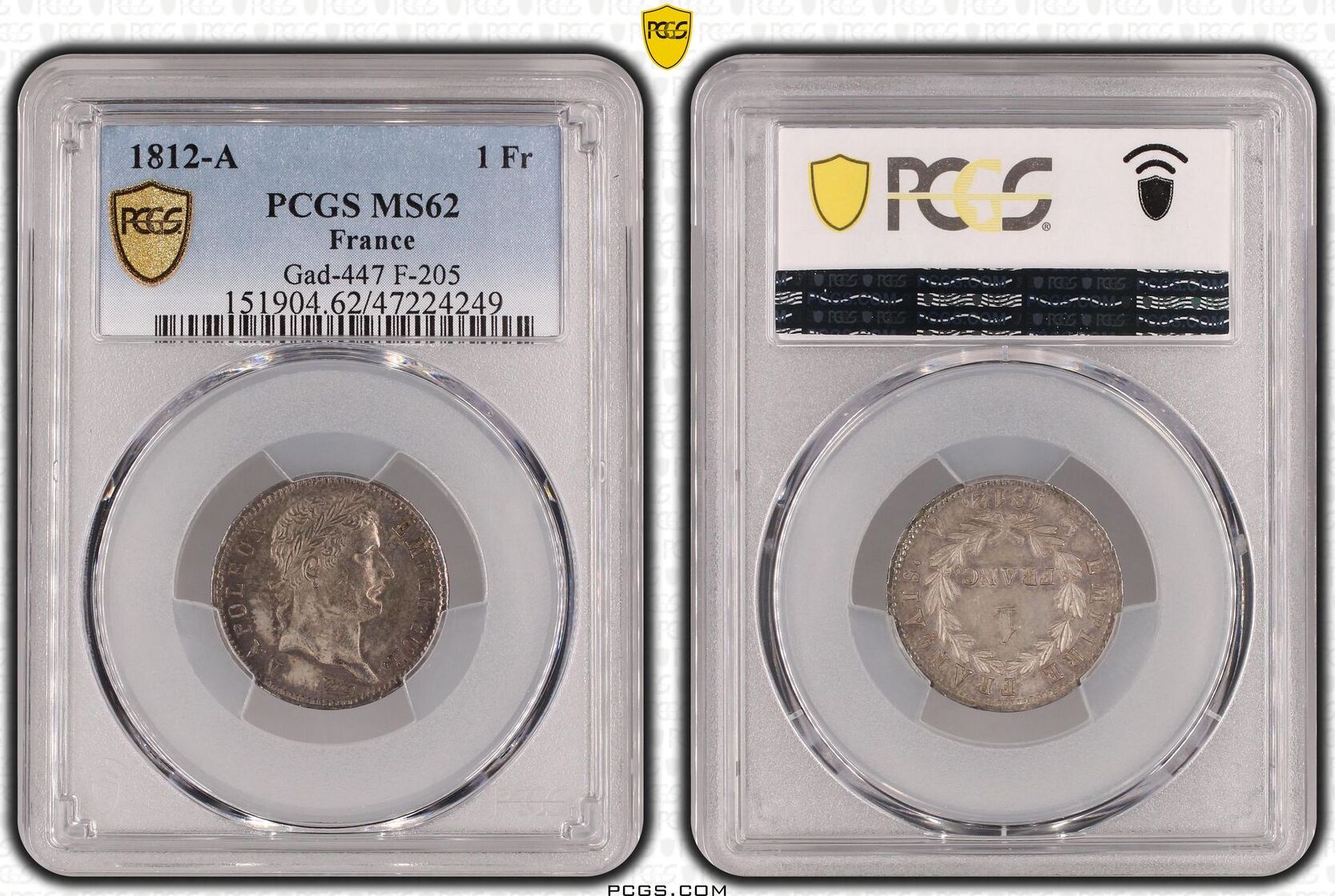 France 1 Franc 1812 Napoléon Empereur Paris Splendide PCGS MS62 rare Qualité | MA-Shops