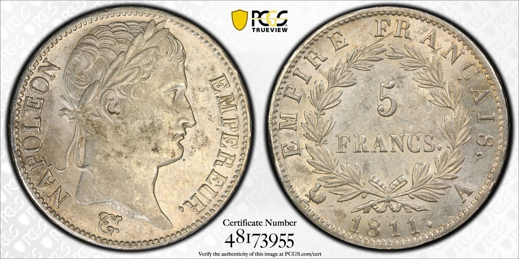 France 5 Francs 1811 Napoléon Empereur Paris PCGS AU58 Superbe Qualité | MA-Shops