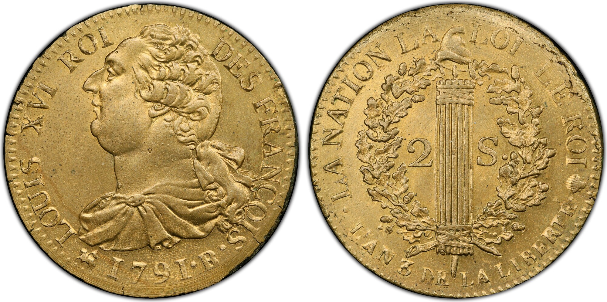 France 2 Sols 1791 Louis XVI type François Rouen FDC NGC MS66 MARGOLIS ...