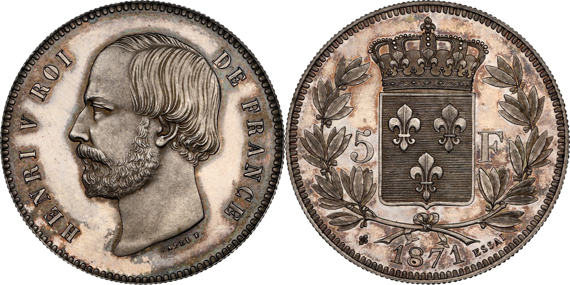 France 5 francs Henri V Essai de Flan bruni 1871 Bruxelles PROOF PF64 ...