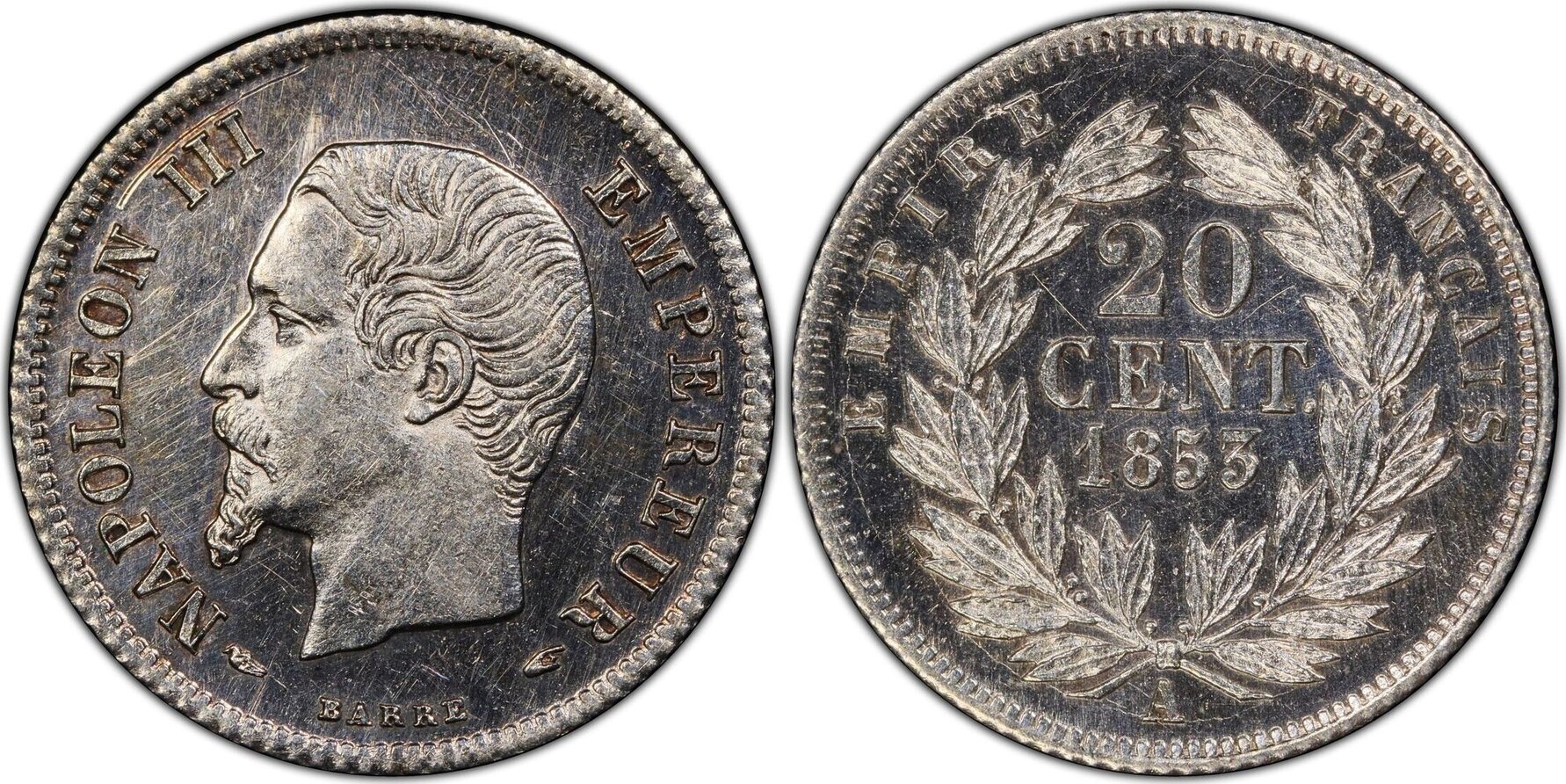 France 20 Centimes 1853 Napoléon III Paris Proof frappe sur flan bruni ...