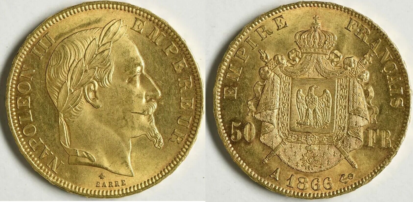 France 50 Francs 1866 Napoléon III or Paris Tête laurée UNC à Fleur de coin | MA-Shops