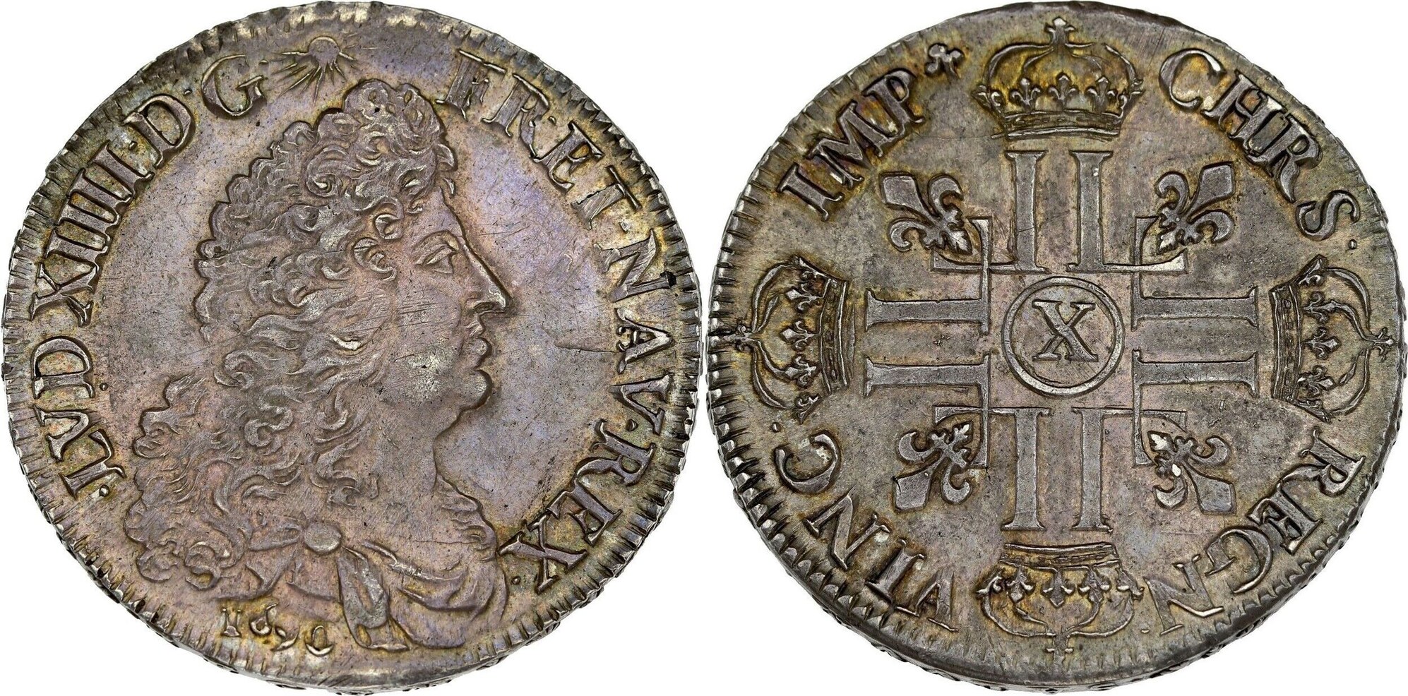 France 1690 LOUIS XIV Écu aux huit L Amiens Splendide patine flan neuf ...
