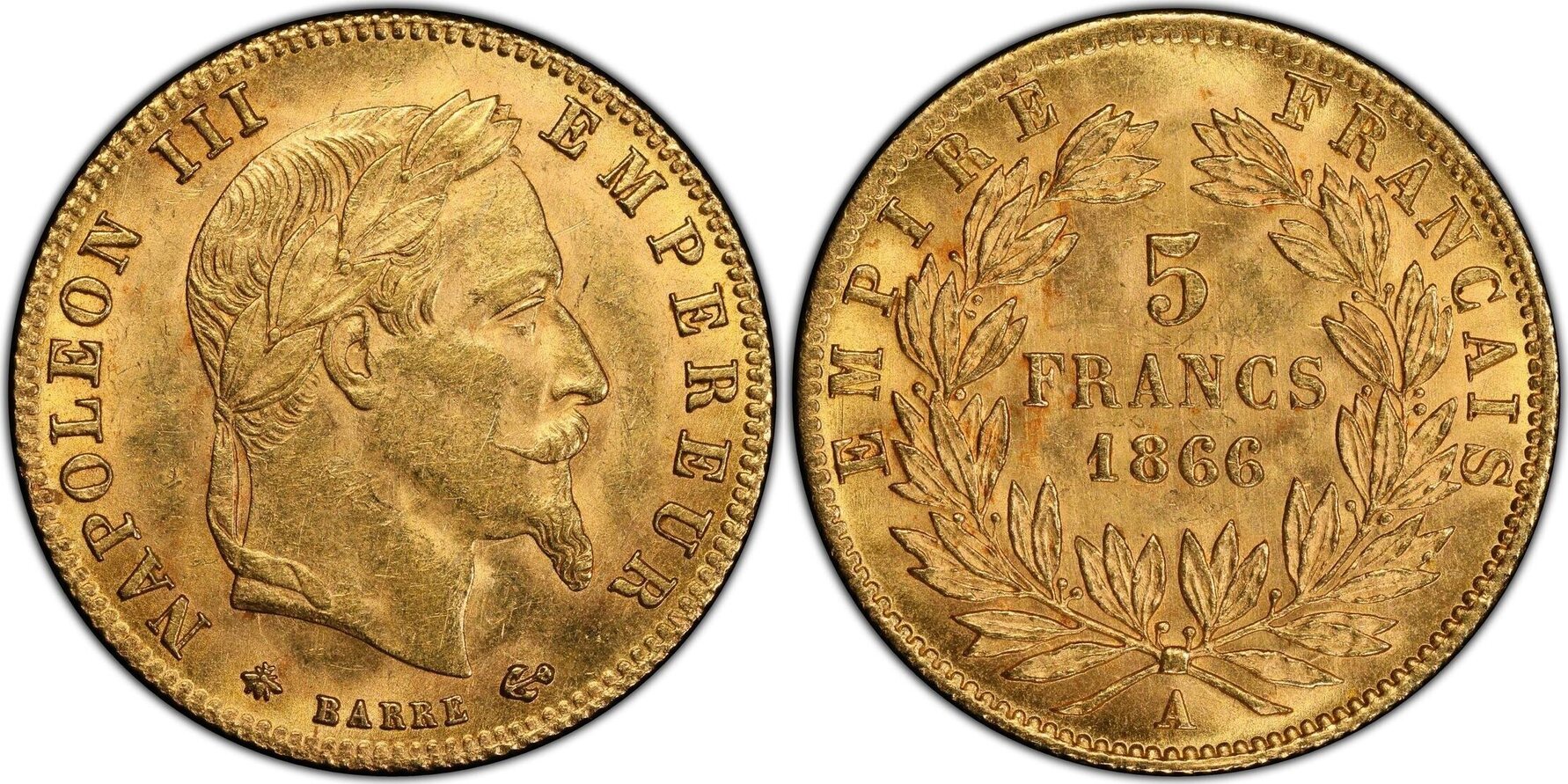 France 5 Francs 1866 Napoléon III or Paris PCGS MS61 Superbe Qualité ...