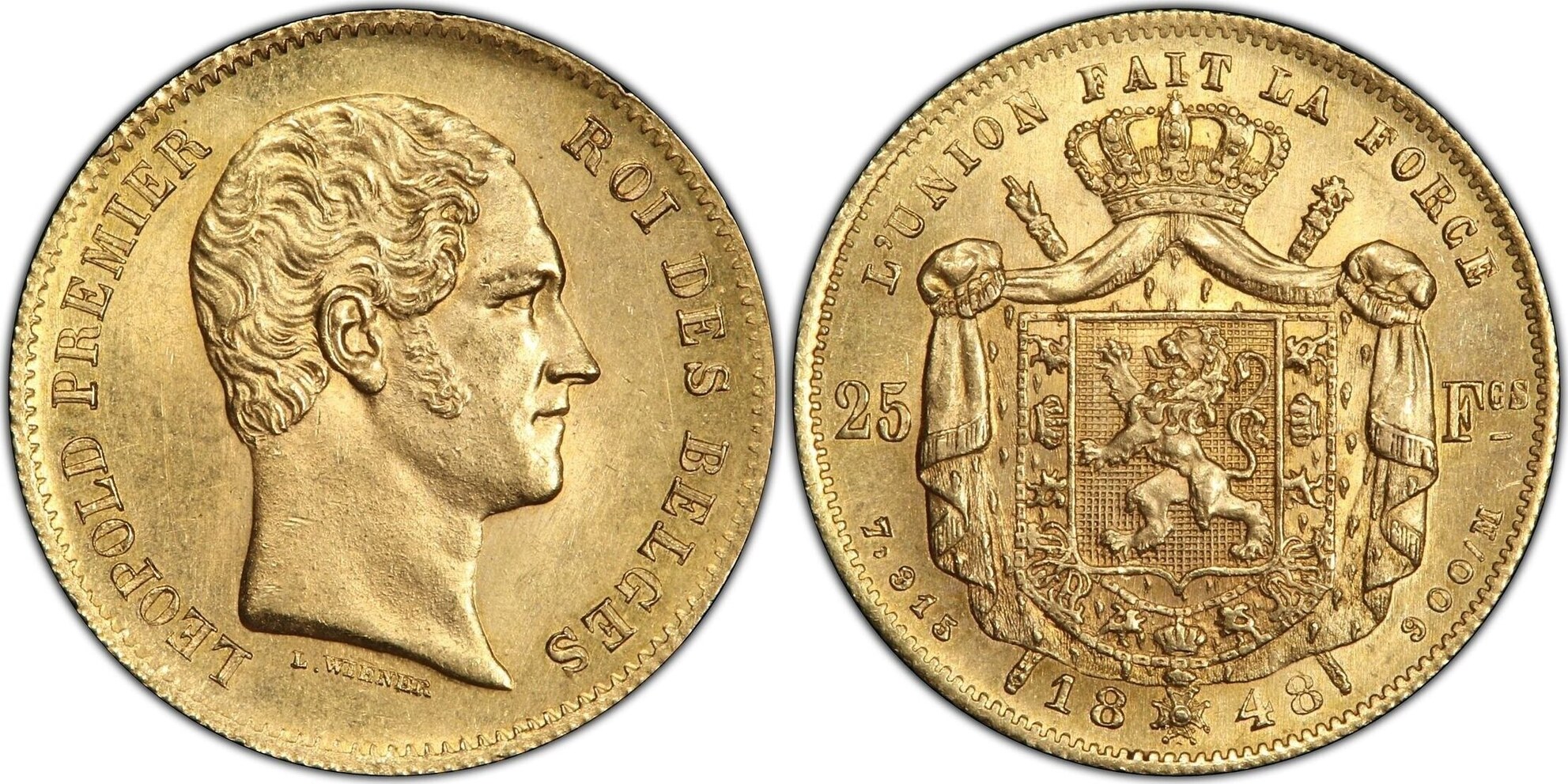 25 Francs 1848 Belgium Leopold I or NGC MS64 Fleur de coin rare Qualité ...