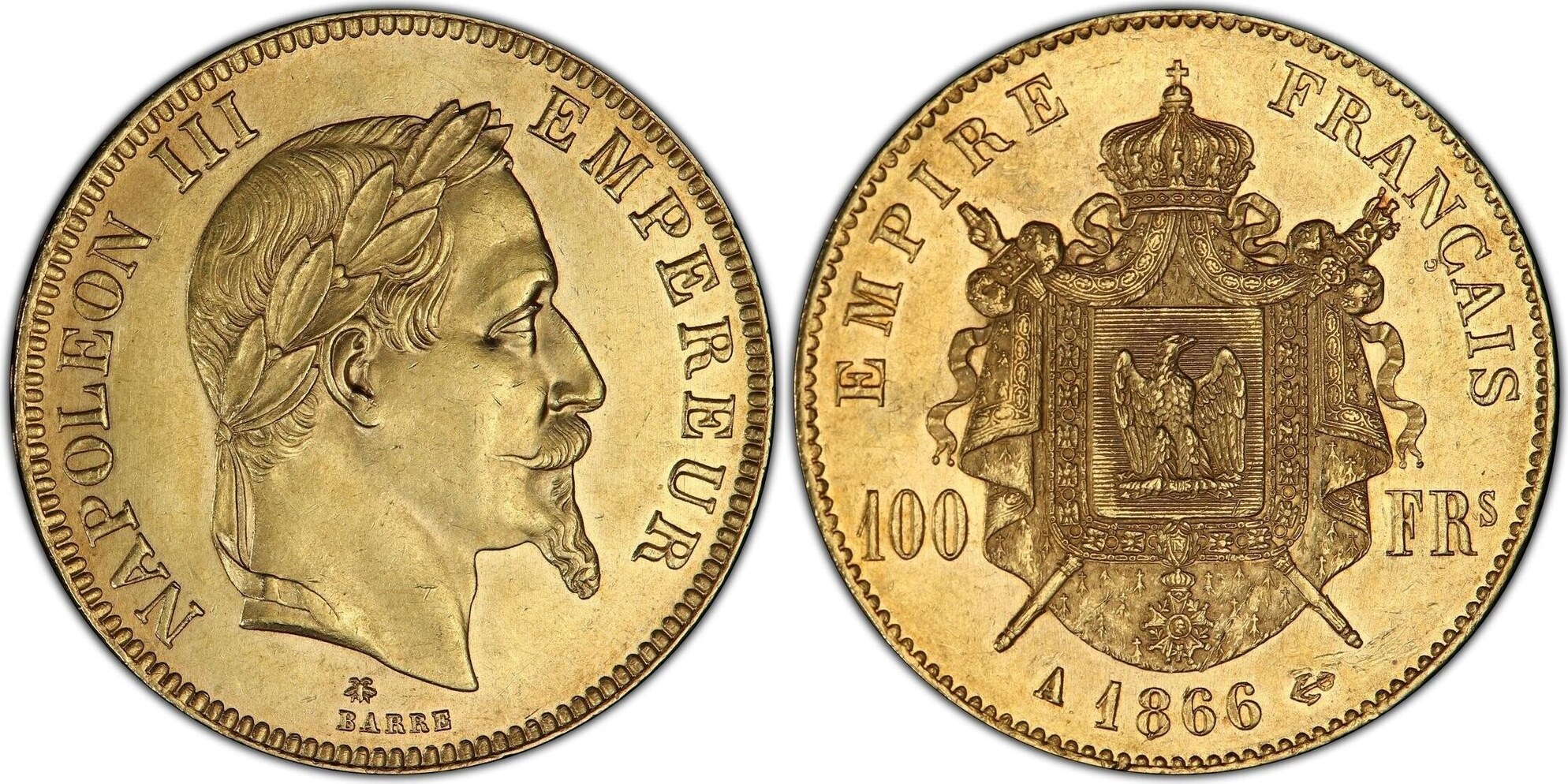France 100 Francs 1866 Napoléon III or Tête laurée Paris Splendide PCGS MS62 rare | MA-Shops