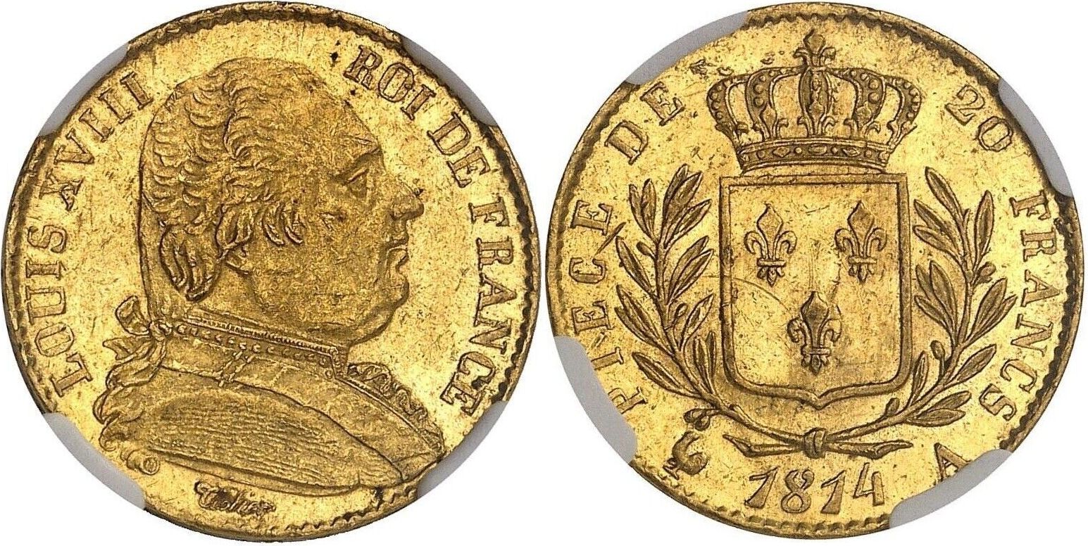 France 20 Francs 1814 Louis XVIII or Paris Splendide NGC MS62 | MA-Shops