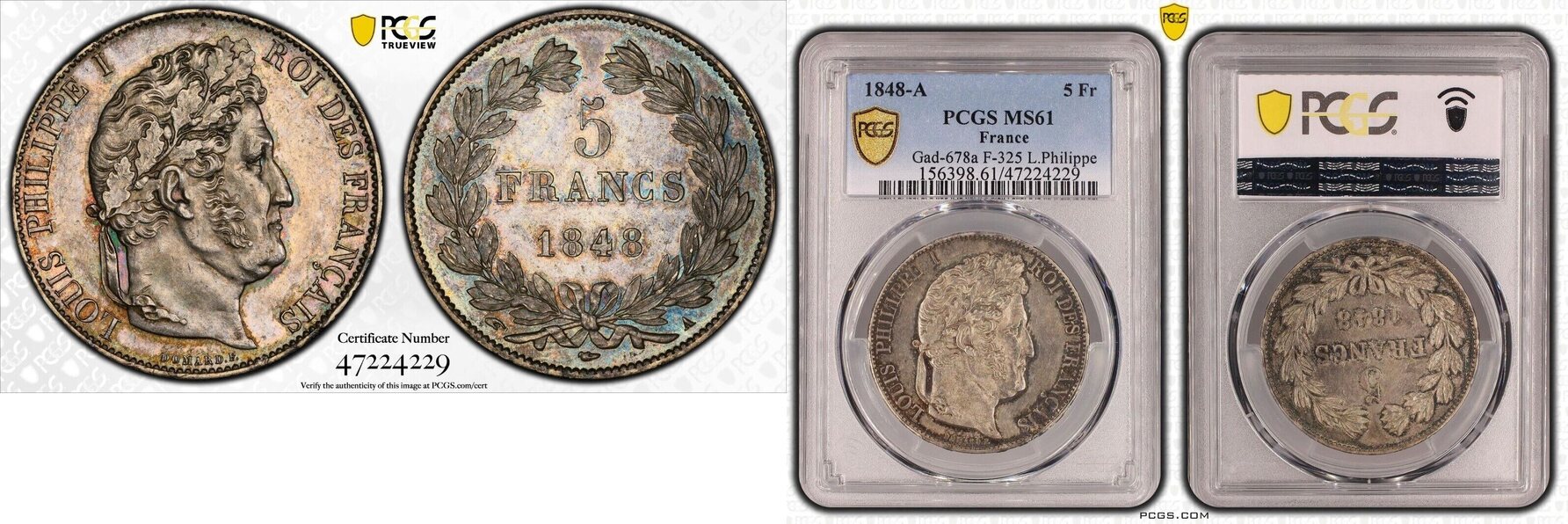 France 5 Francs 1848 Louis-Philippe Paris Splendide PCGS MS61 | MA-Shops
